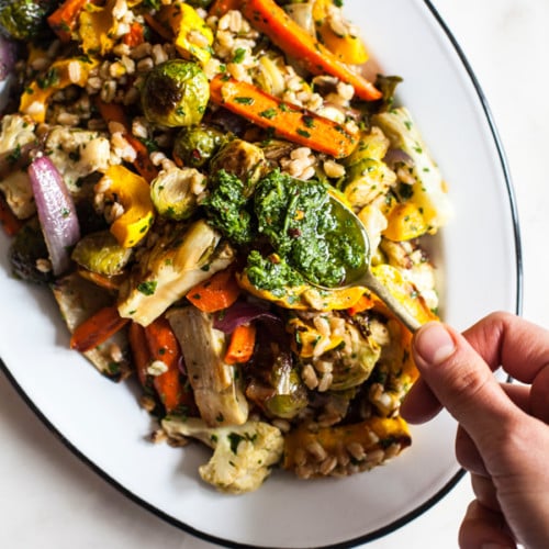 Farro & Roasted Vegetables with Italian Salsa Verde | The Full Helping