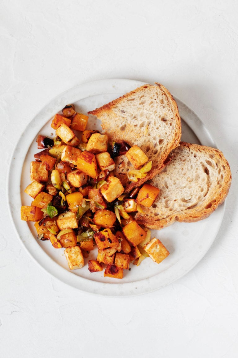Butternut Squash Hash with Tofu and Brussels Sprouts | The Full Helping